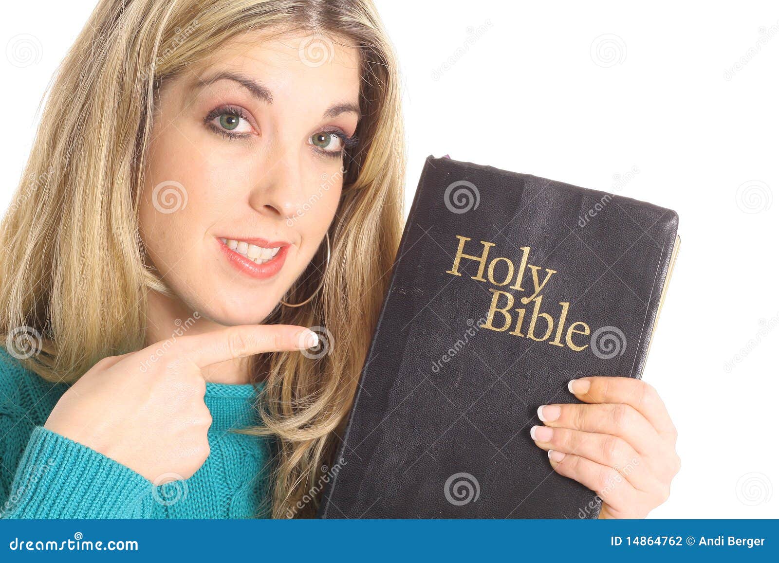 Beautiful Woman Pointing at the Bible Stock Photo - Image of devotion ...
