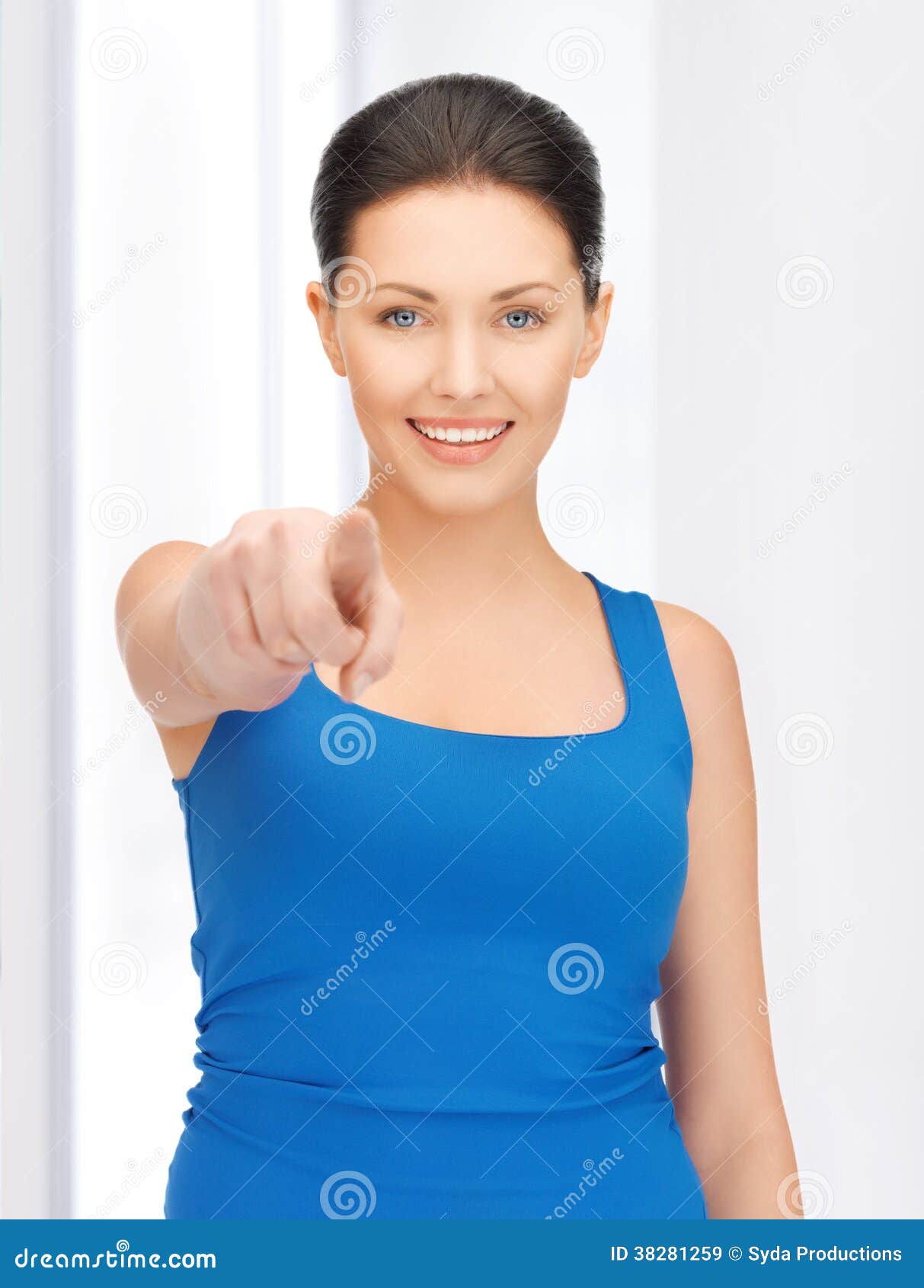 Beautiful Woman Pointing Her Finger Stock Image - Image of blue ...