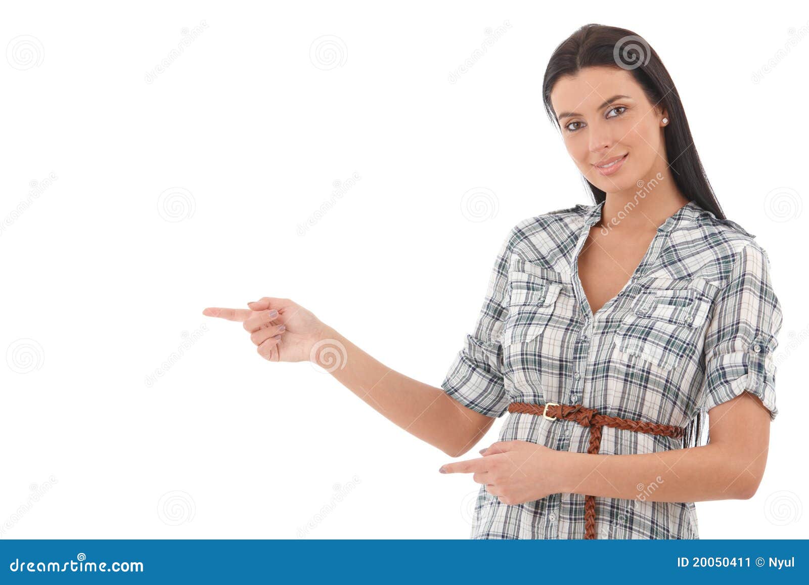 Beautiful Woman Pointing To the Right Smiling Stock Image - Image of ...