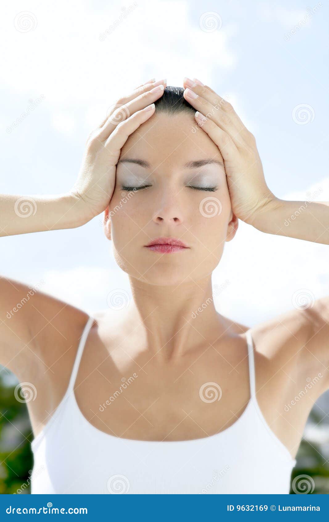 Beautiful Woman Portrait with Blue Eyes and Hands Stock Image - Image ...