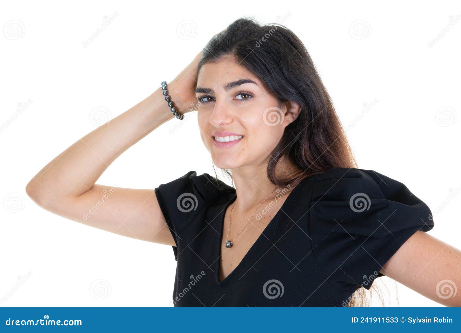 Beautiful Woman Portrait Latina Girl Posing Hand On Head Stock Image