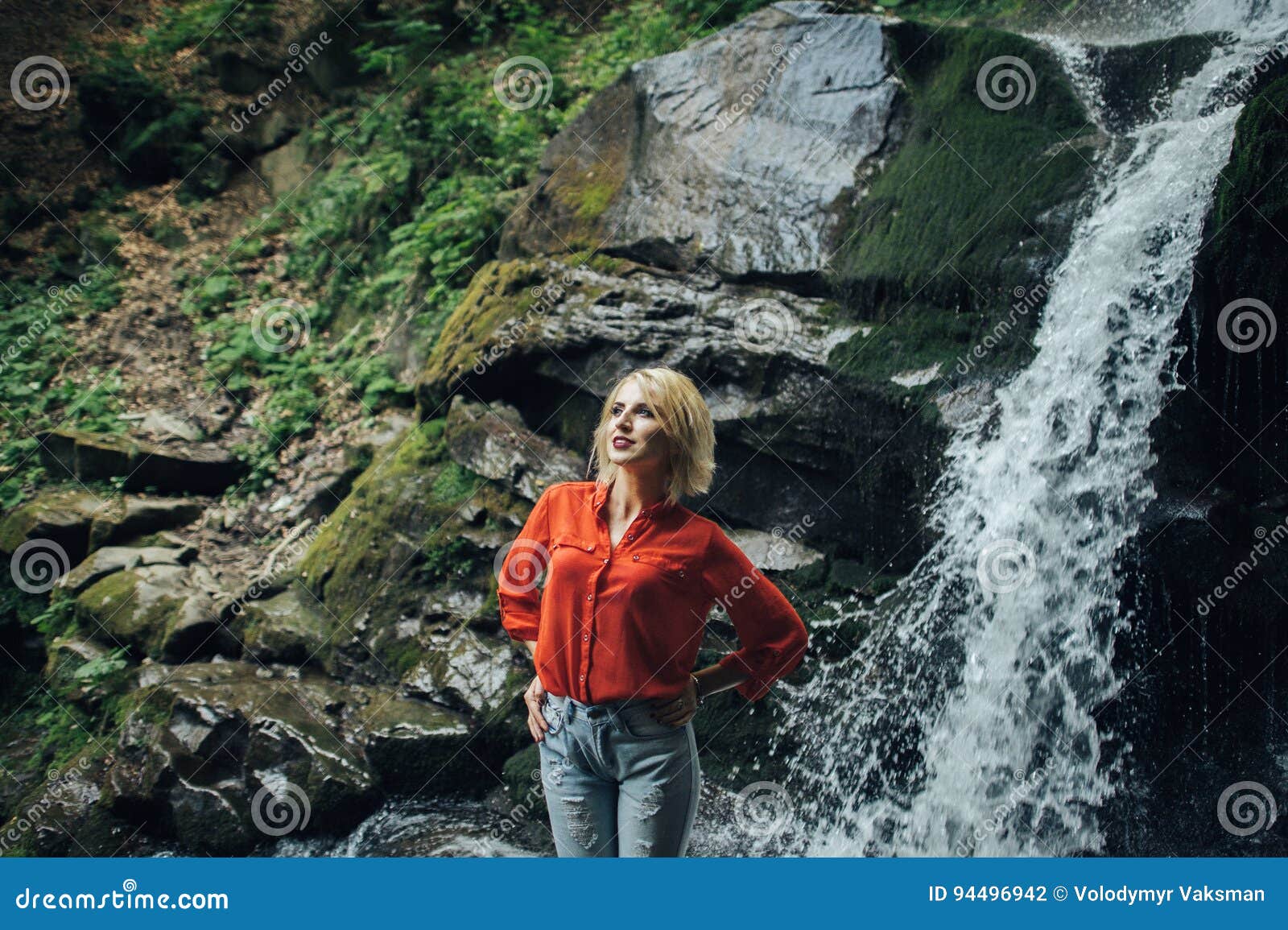 Beautiful Woman Posing Near Waterfall Stock Photo - Image of female ...