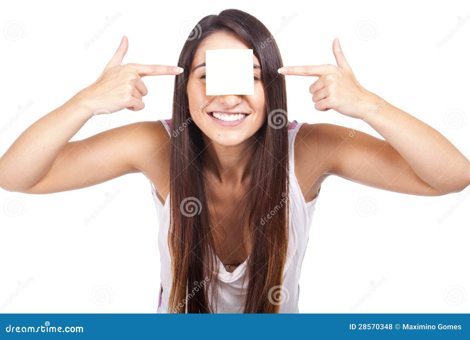 Beautiful Woman with Post-it Stuck on Forehead Stock Photo - Image of ...