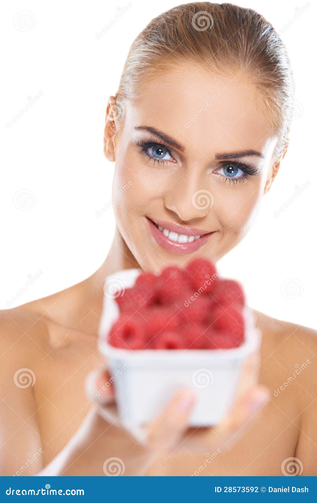 Beautiful Woman with Punnet of Raspberries Stock Photo - Image of ...