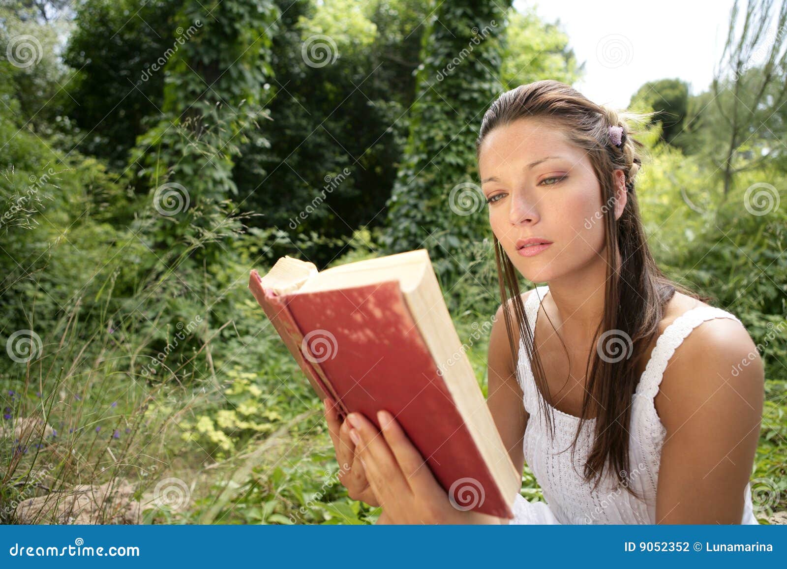 Beautiful Woman Reading a Book in Forest, Nature Stock Photo - Image of ...