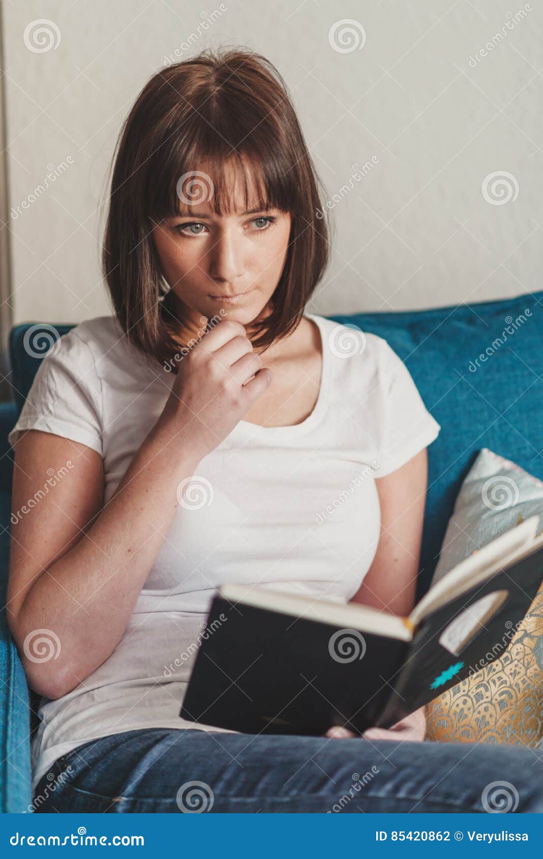 Beautiful Woman Reading a Book at Home Stock Photo - Image of reading ...