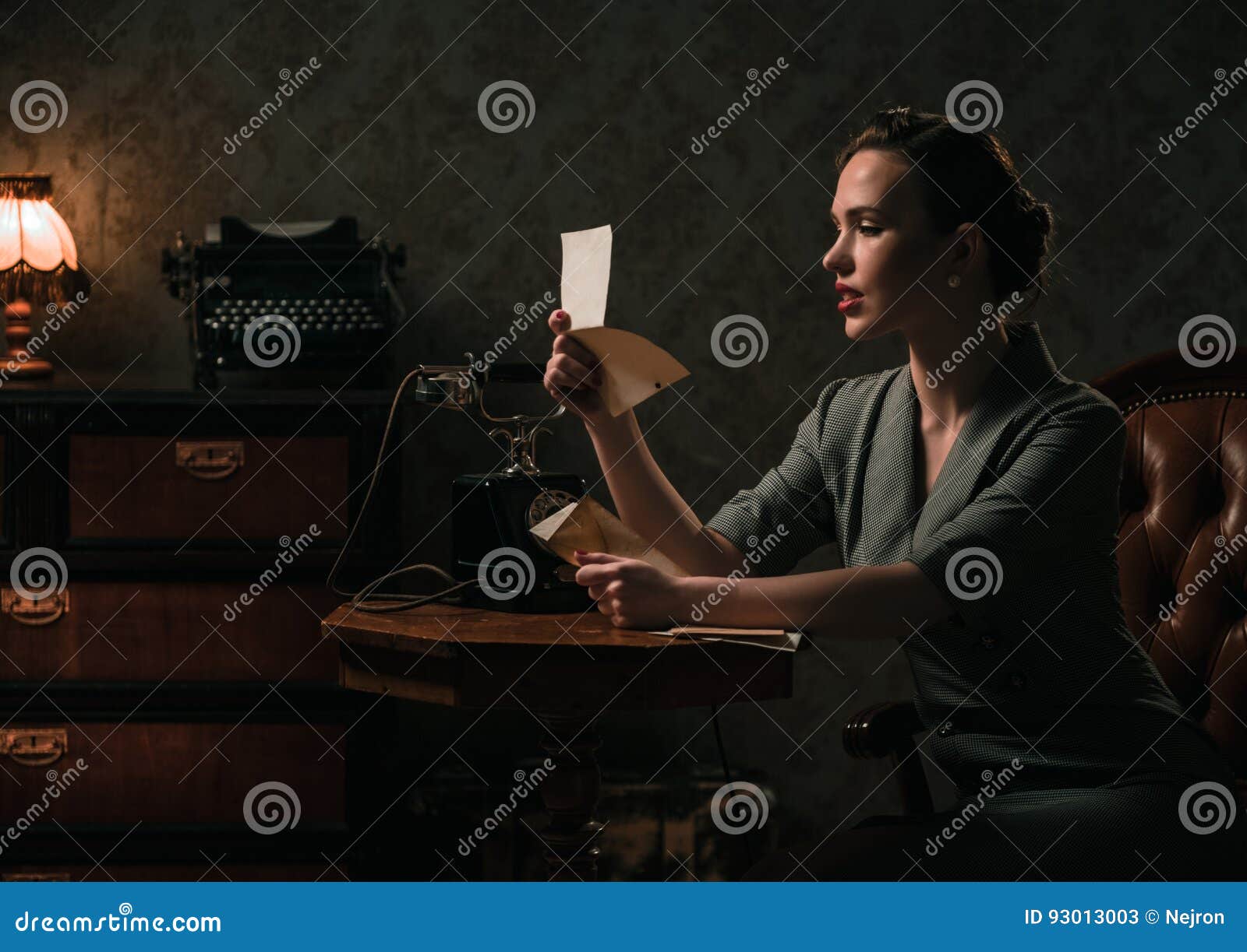 Beautiful Woman Reading Letter in Retro Interior Stock Image - Image of ...