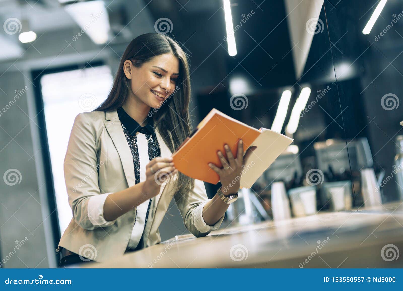 Beautiful Woman Reading the Menu on a Counter Stock Image - Image of ...