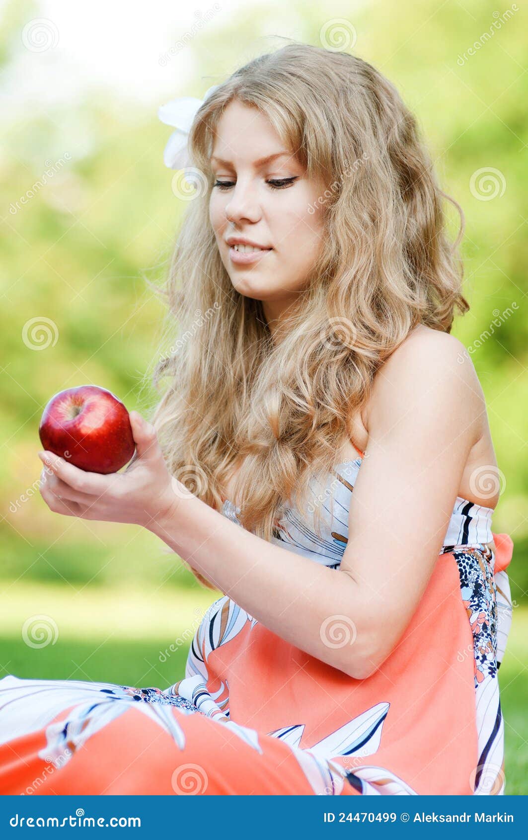 Beautiful Woman with Red Apple Stock Image - Image of apple, food: 24470499