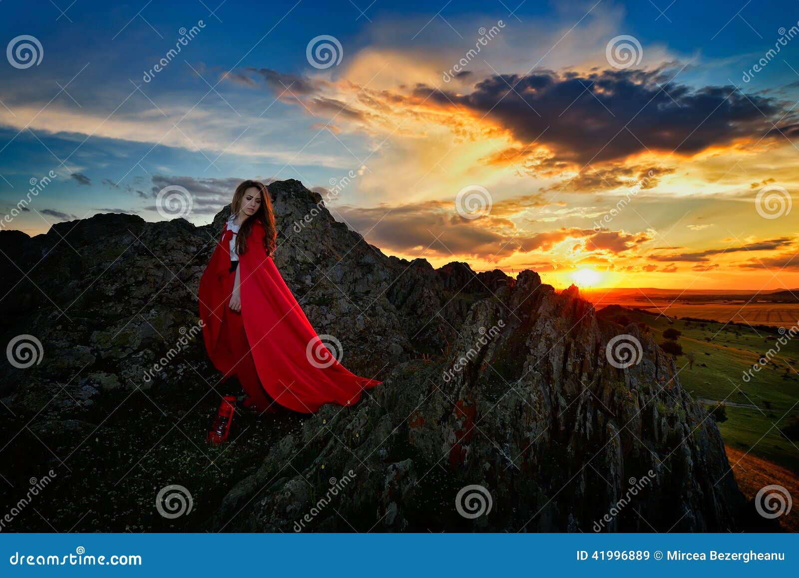 Beautiful Woman with Red Cloak in the Sunset Light Stock Image - Image ...