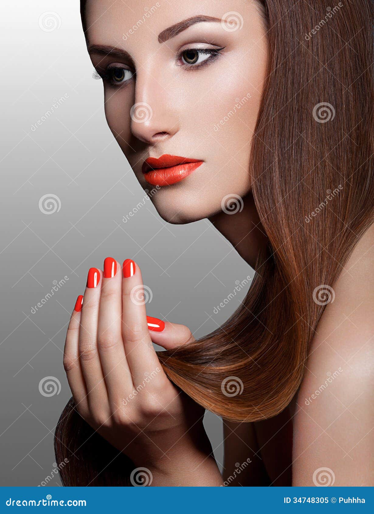 Beautiful Woman with Red Nails. Makeup and Manicure Stock Image - Image ...
