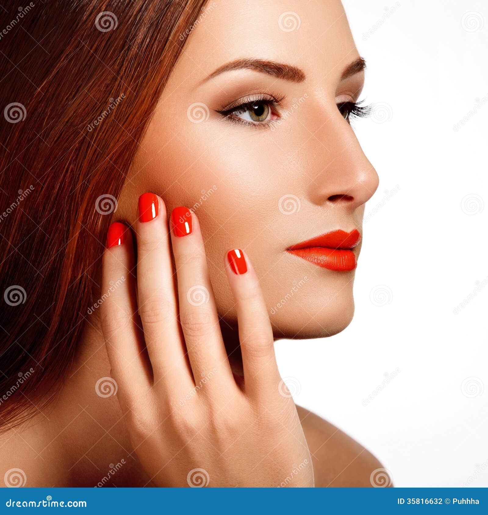 Beautiful Woman with Red Nails. Makeup and Manicure Stock Photo - Image ...