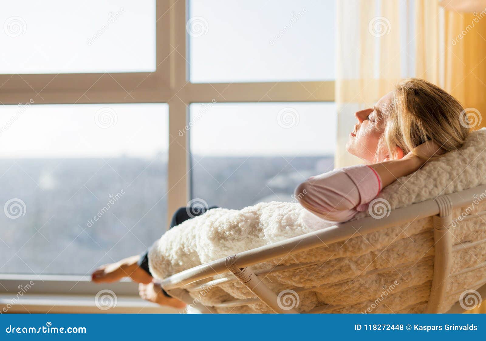 Woman relaxing at home stock photo. Image of mindfulness - 118272448