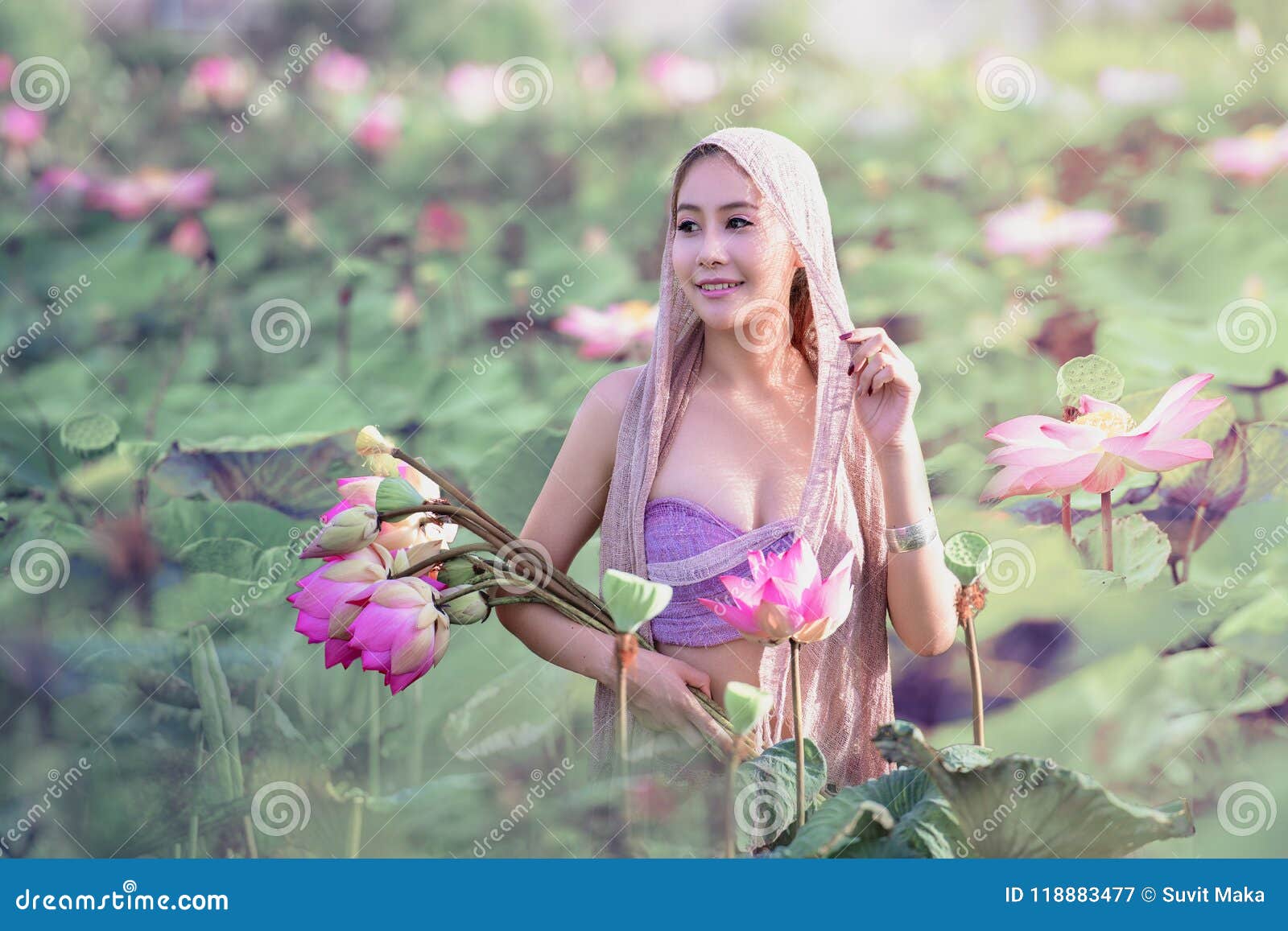 Beautiful Woman Relaxing With Lotus Flower Stock Image Image Of Lady