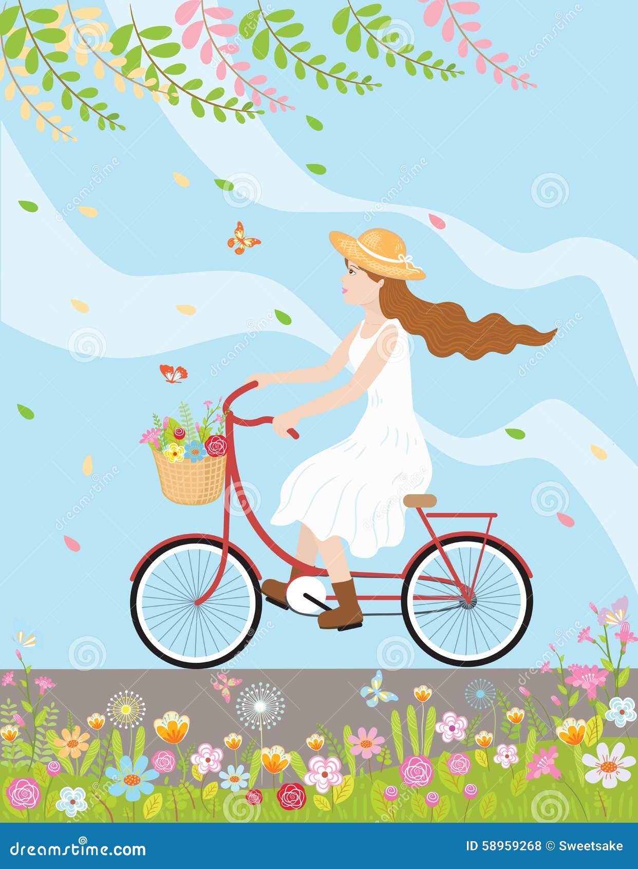 Beautiful Woman Riding Bicycle Stock Vector - Illustration of natural ...