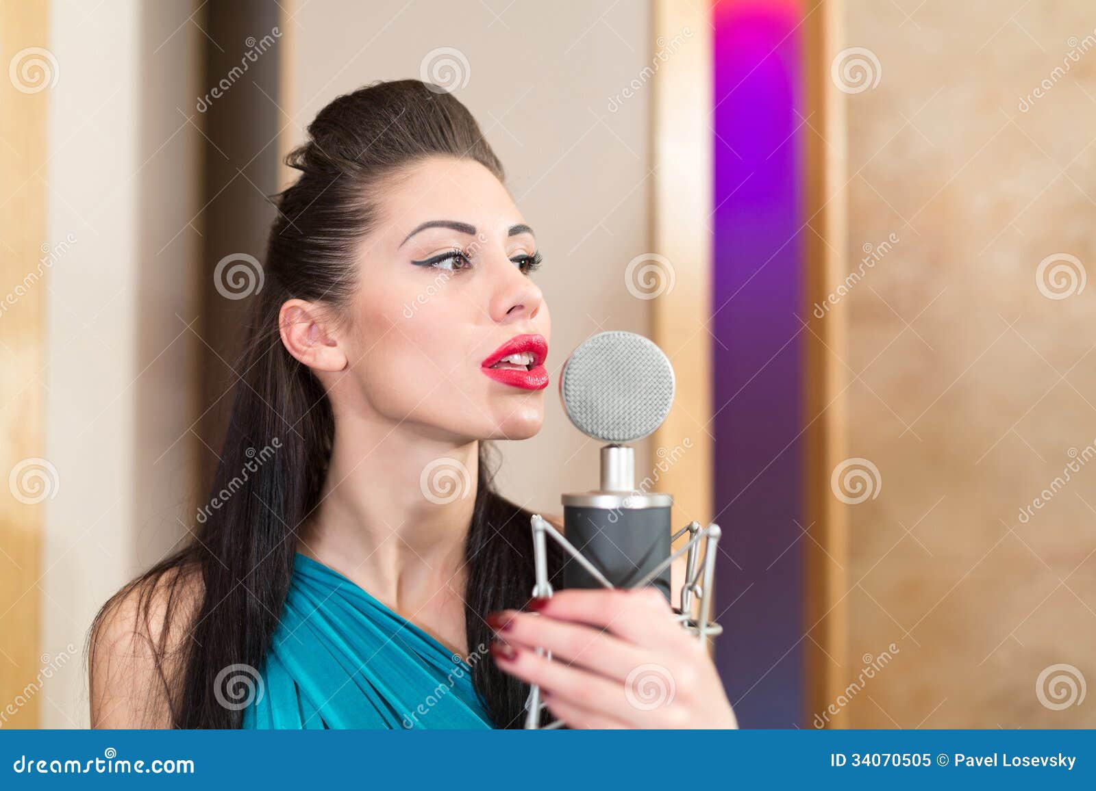 Beautiful Woman in Room with Microphone Stock Image - Image of ...