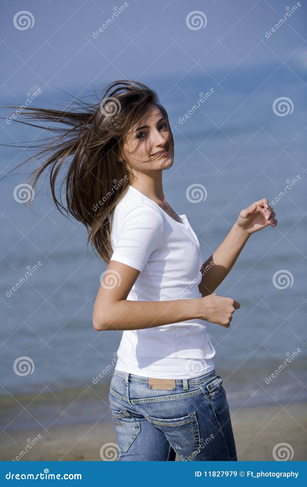 Beautiful Woman Running Windblown on the Beach Stock Image - Image of ...