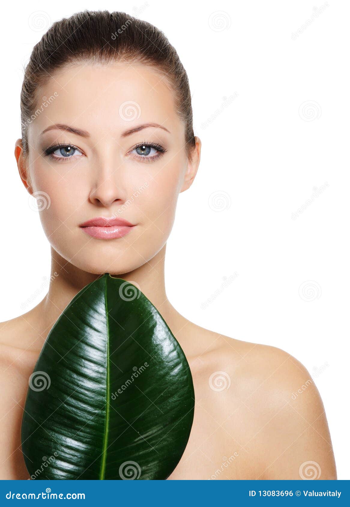Beautiful Woman S Face with Green Leaf Stock Photo - Image of body ...