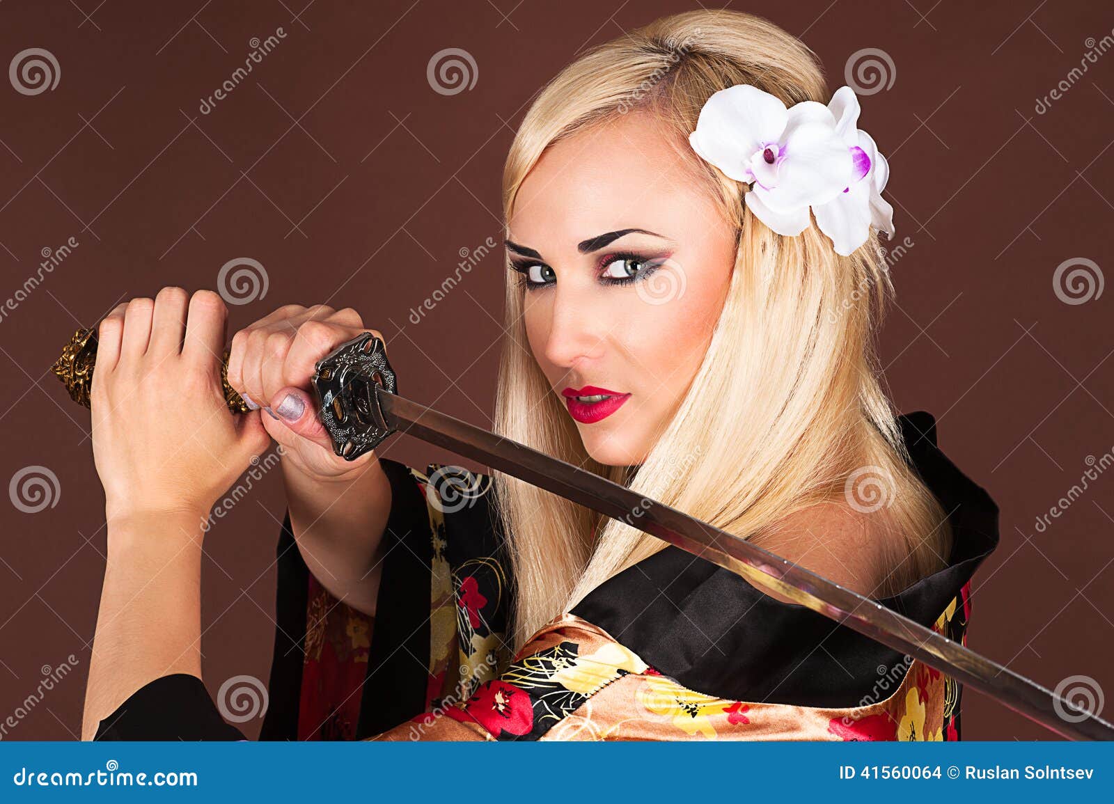 Beautiful Woman with Samurai Sword Stock Photo - Image of blond, katana ...