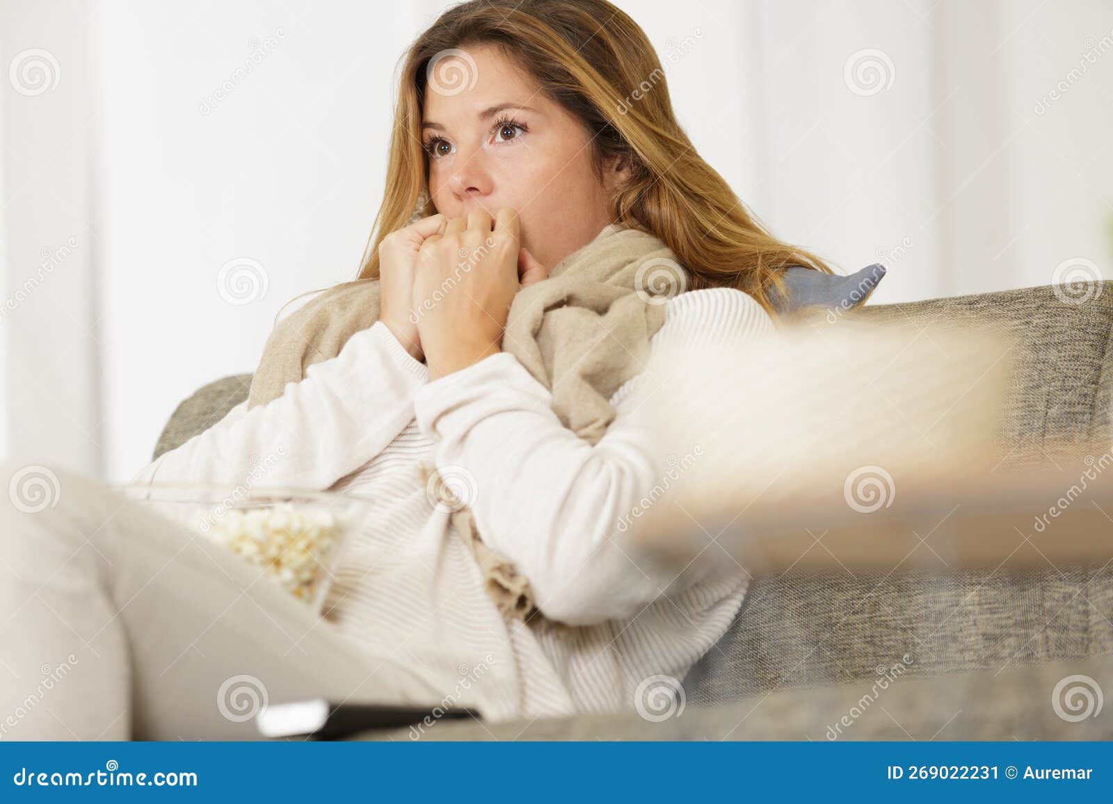 Beautiful Woman Scared in Front Sofa Stock Image - Image of living ...