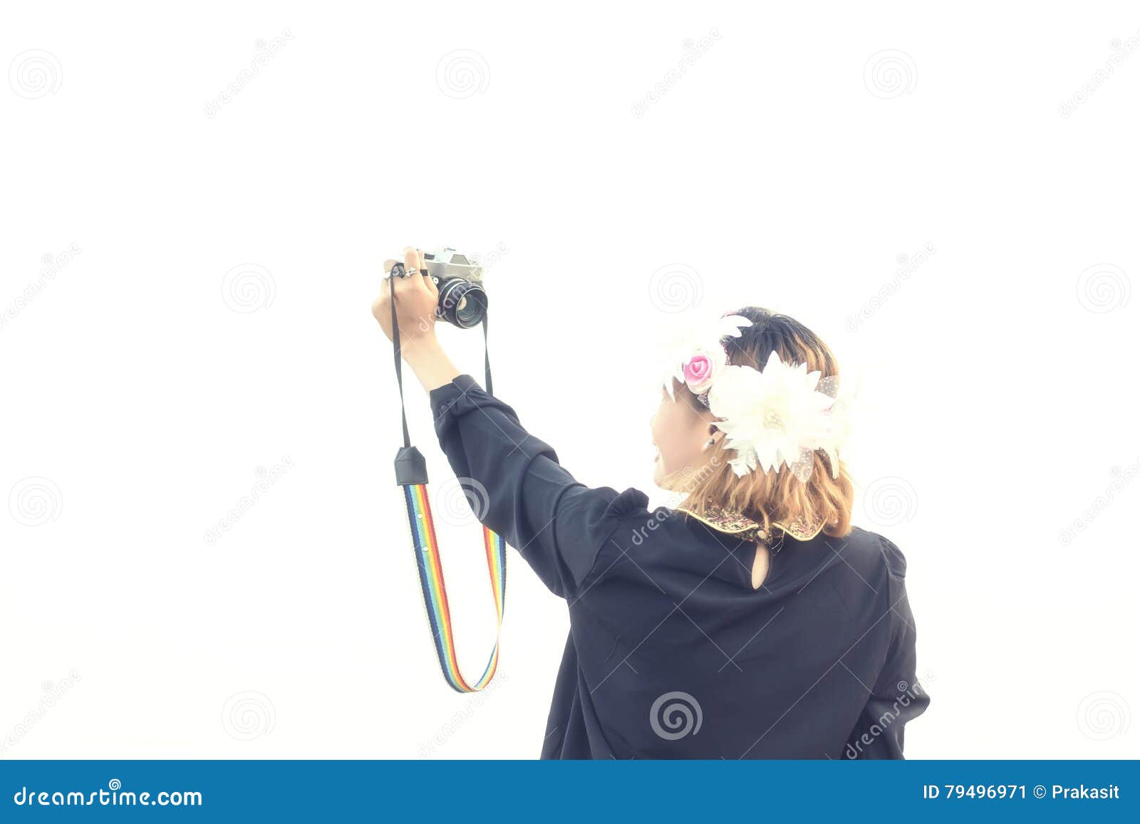 Beautiful Woman Selfie with Retro Camera. Stock Image - Image of ...