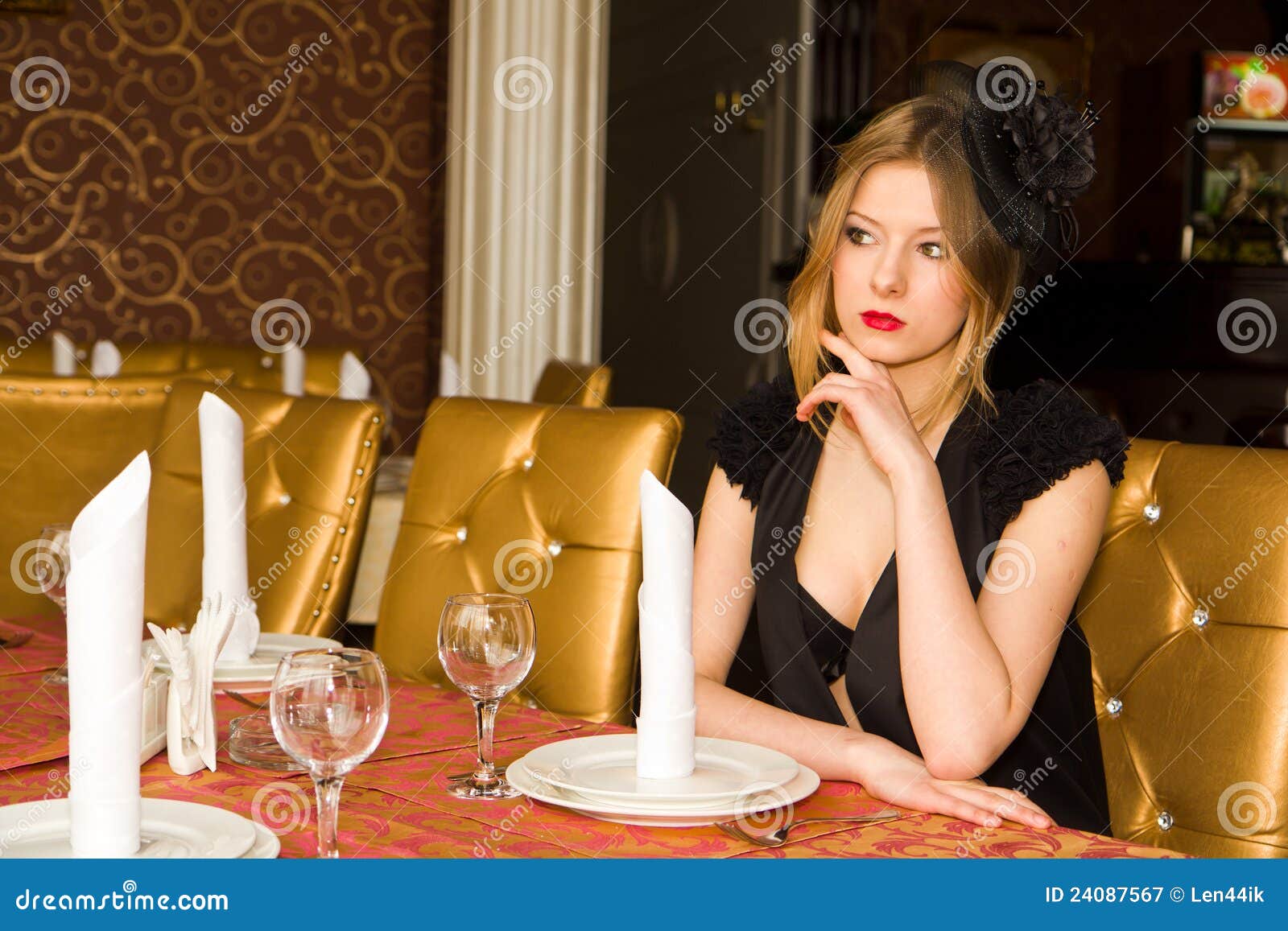 Beautiful Woman at Served Table Stock Image - Image of attractive ...