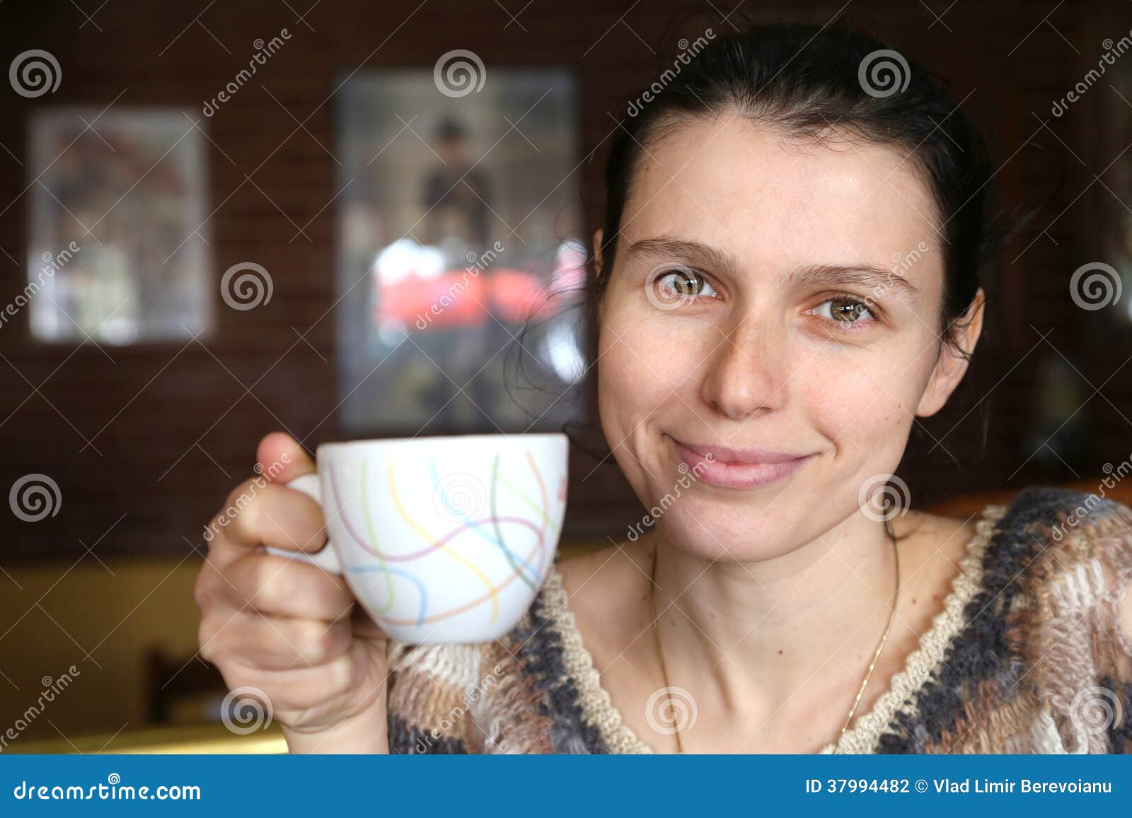 Woman Serving Coffee Restaurant Stock Photo - Image of brunette ...