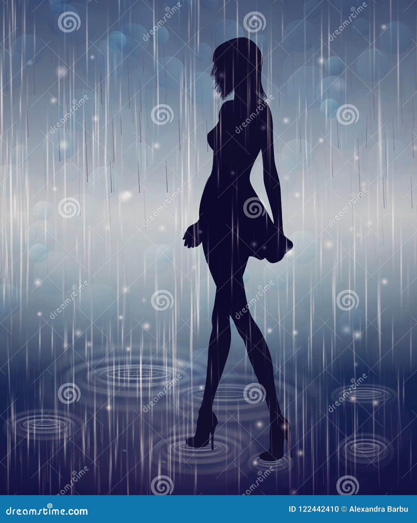 Beautiful Woman Girl Silhouette Walking In The Rain Night Background Vector Illustration