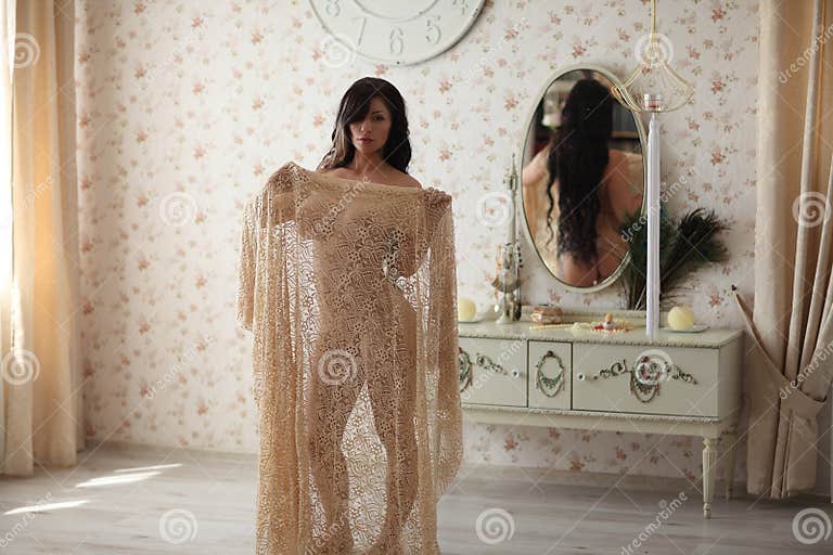 Beautiful Woman Lush Model With Long Hair Covering Naked Body With