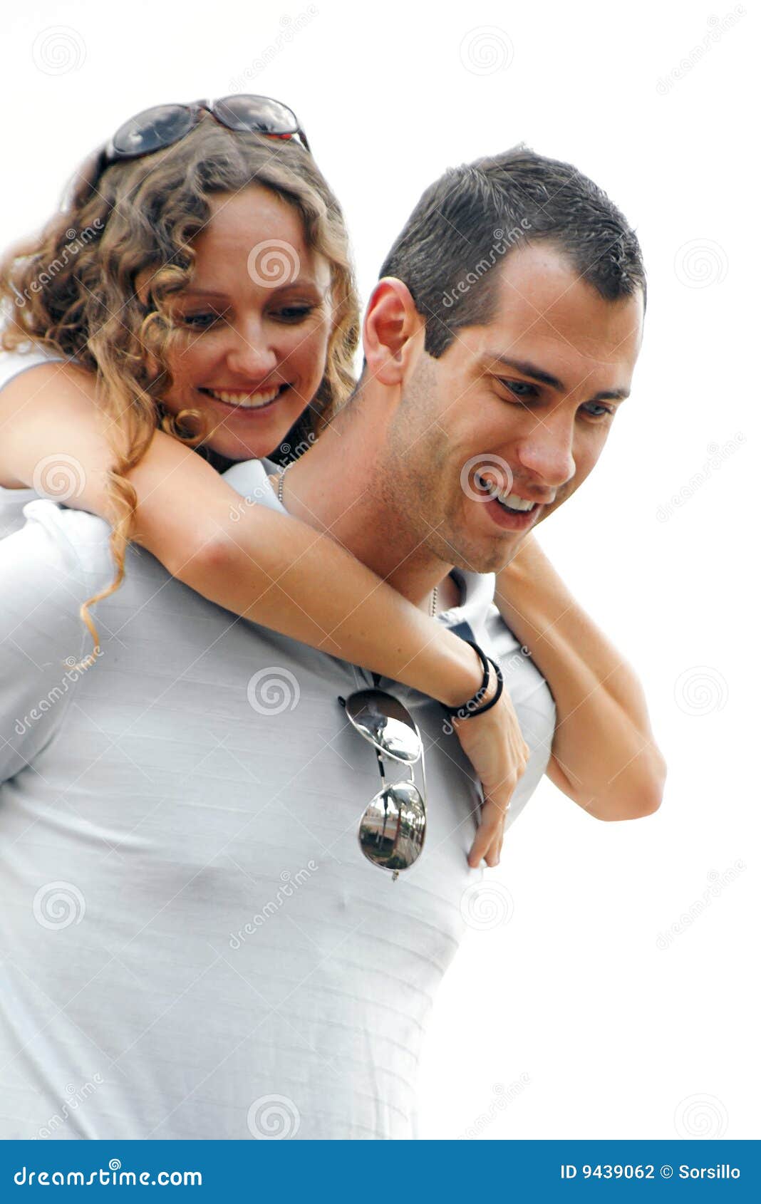Beautiful Woman on Shoulders of Smiling Handsome M Stock Photo - Image ...