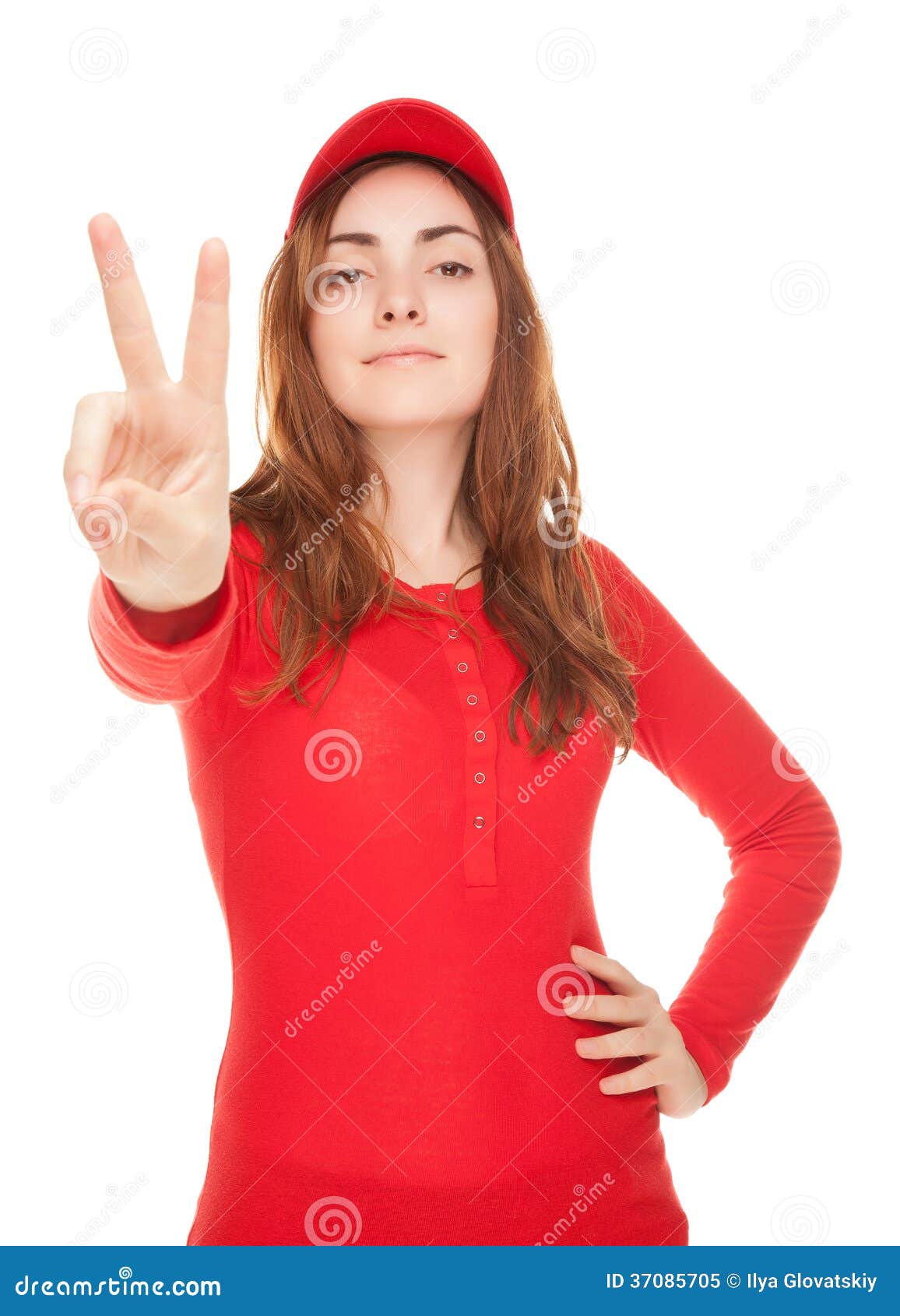 Beautiful Woman Showing Victory Sign Or Peace Isolated On White Stock