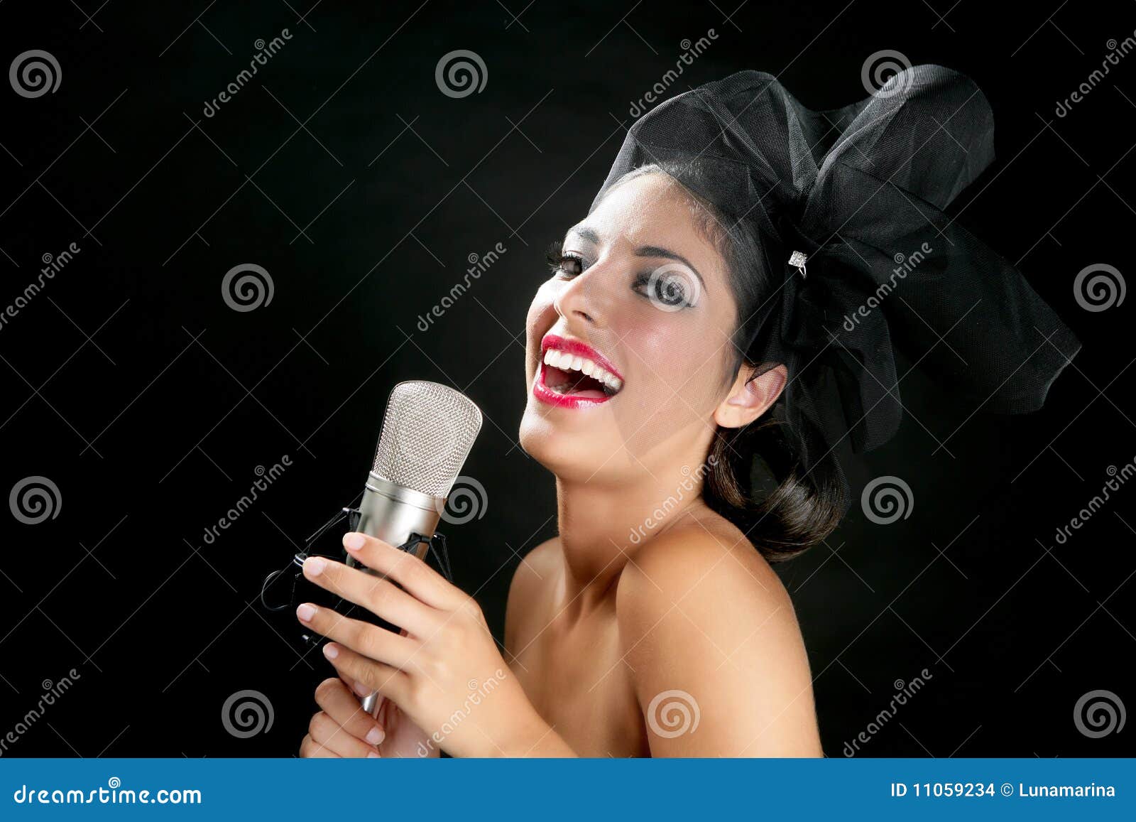 Beautiful Woman Singing on a Vintage Microphone Stock Photo - Image of ...
