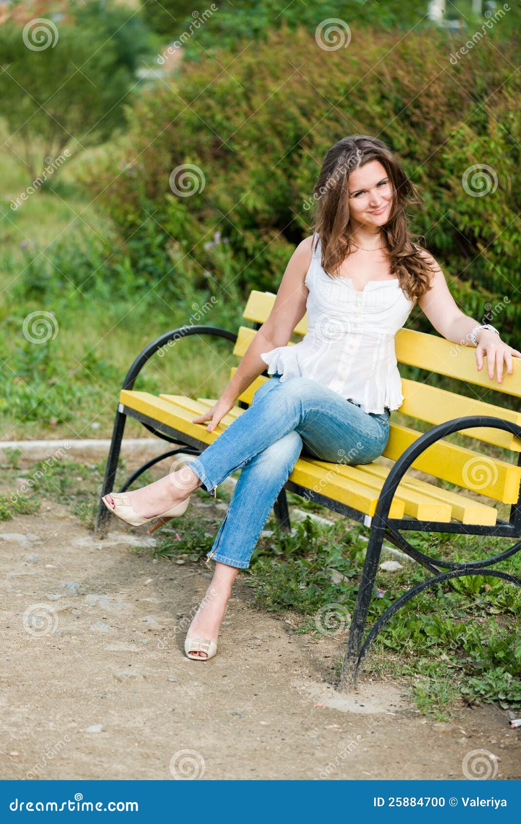 Beautiful Woman Sits on a Bench Stock Photo - Image of face, bench ...
