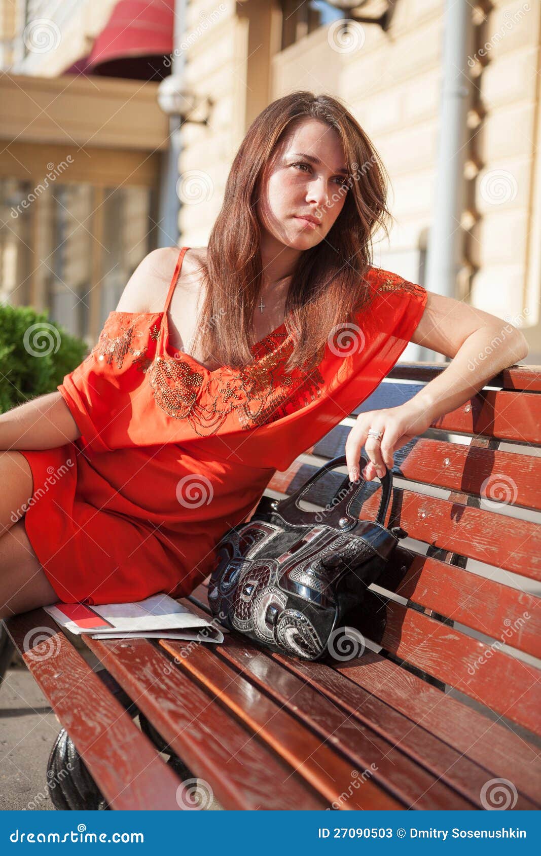 Beautiful Woman Sits on Bench Stock Image - Image of girl, summer: 27090503