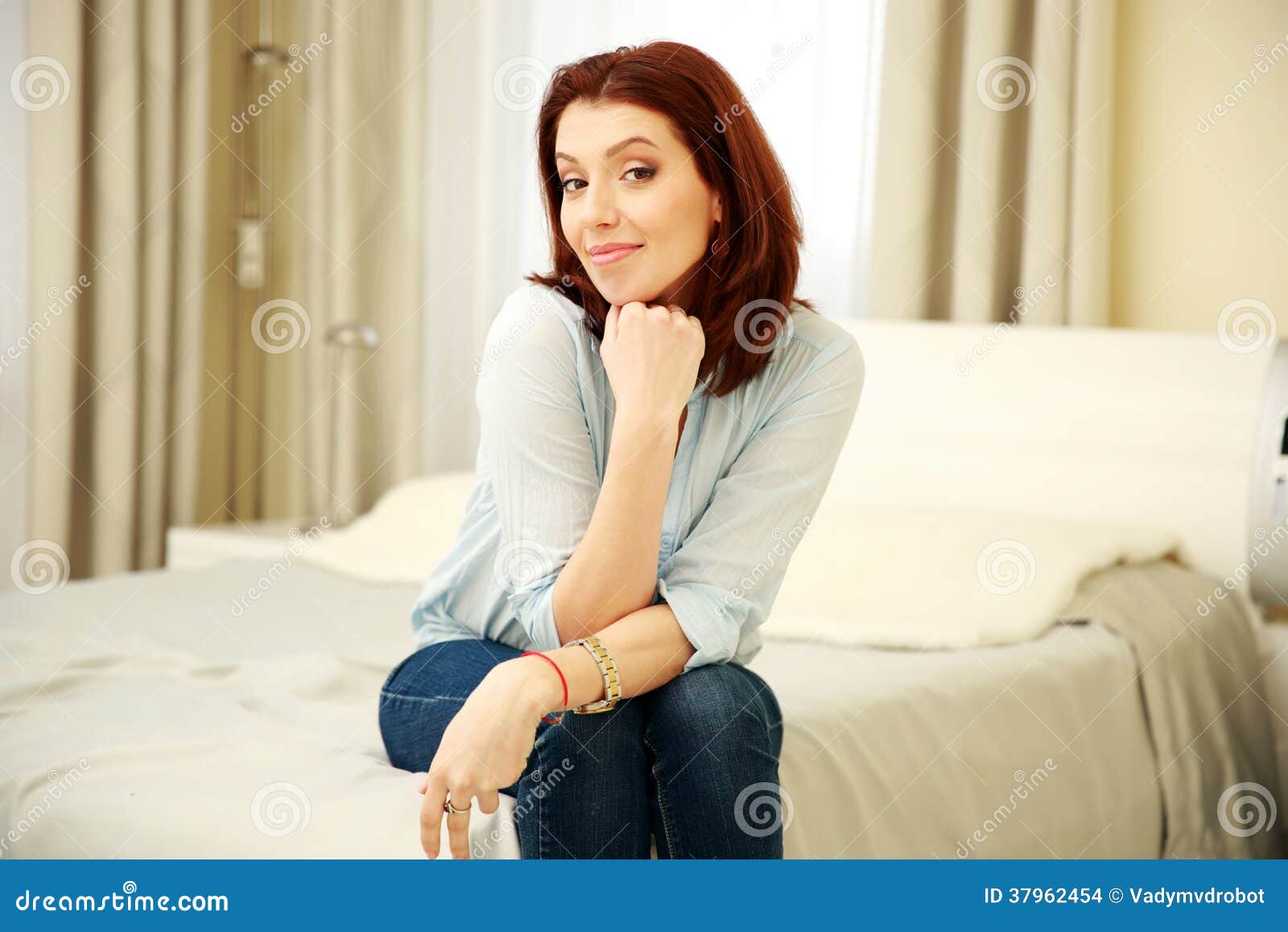 Beautiful Woman Sitting on the Bed Stock Photo - Image of caucasian ...