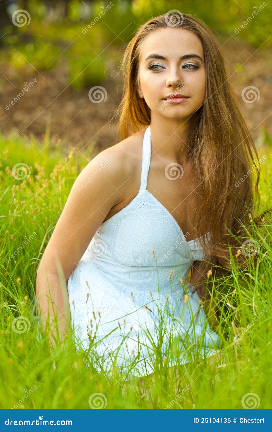 Beautiful Woman Sitting in the Grass Stock Photo - Image of dress ...