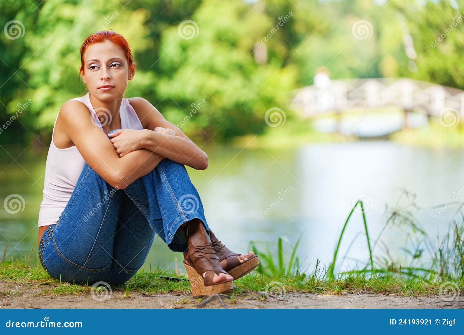 Beautiful Woman Sitting on Ground Stock Image - Image of ginger ...