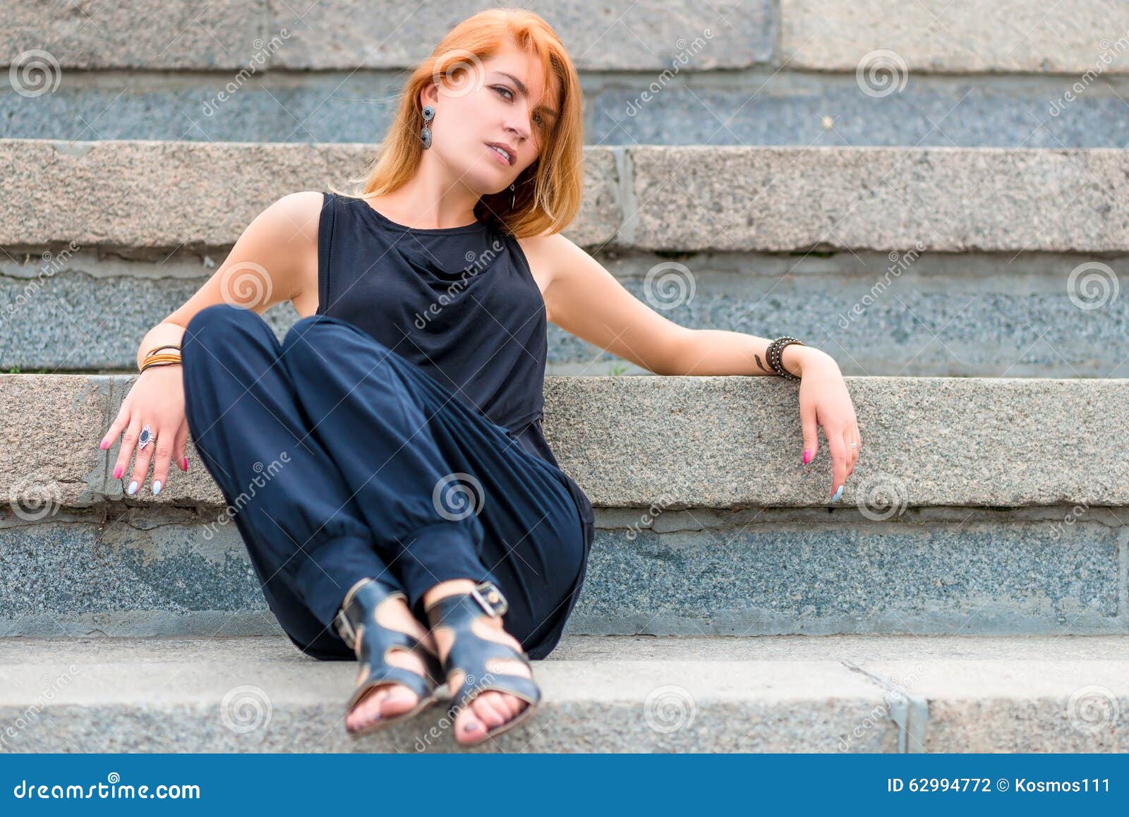 Beautiful Woman Sitting on the Steps Stock Photo - Image of black, life ...