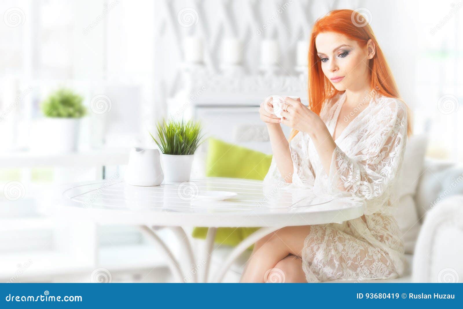 Beautiful Woman Sitting at a Table Drinking Tea Stock Image - Image of ...