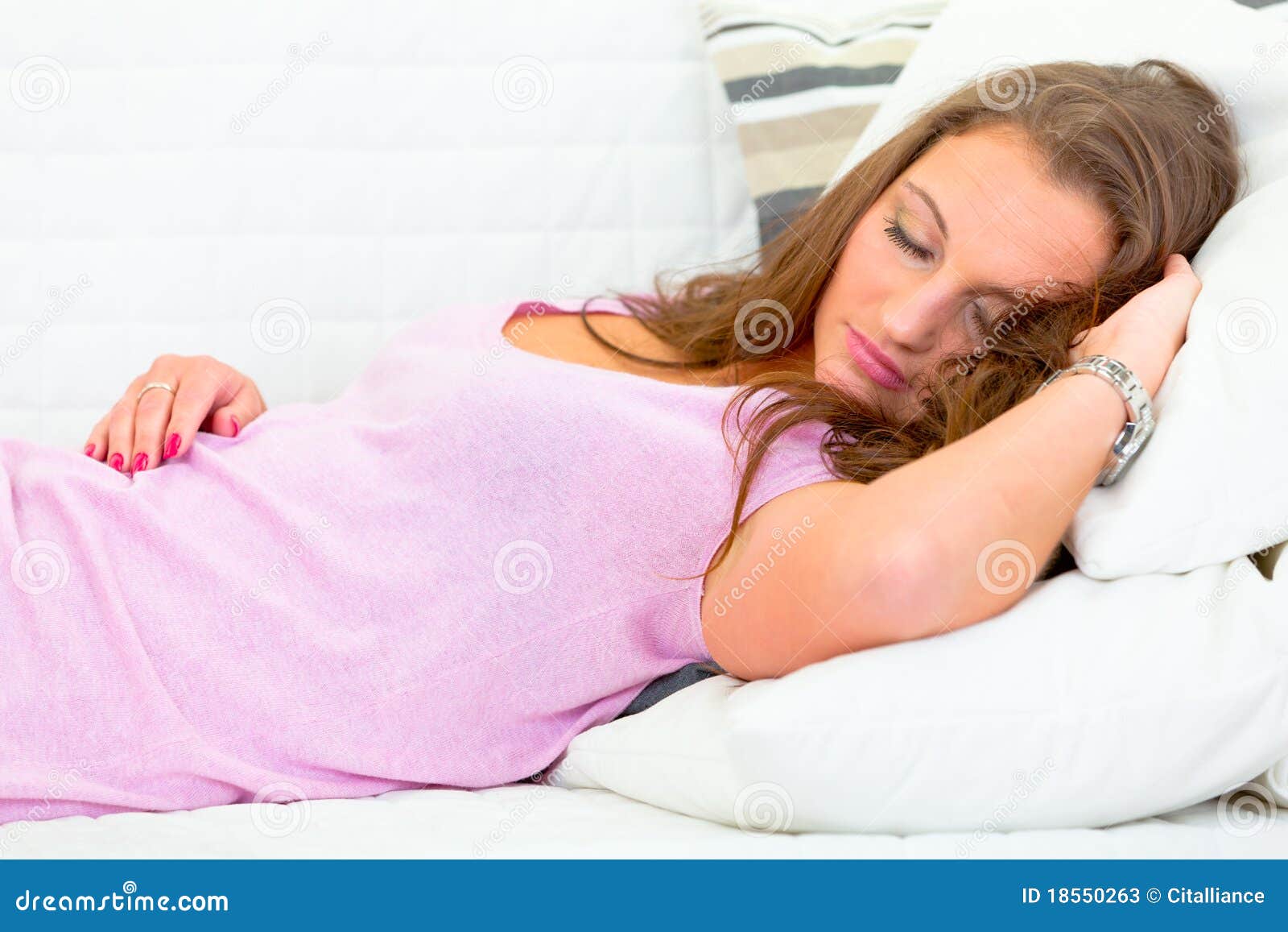 Beautiful Woman Sleeping on Sofa at Livingroom Stock Image - Image of ...