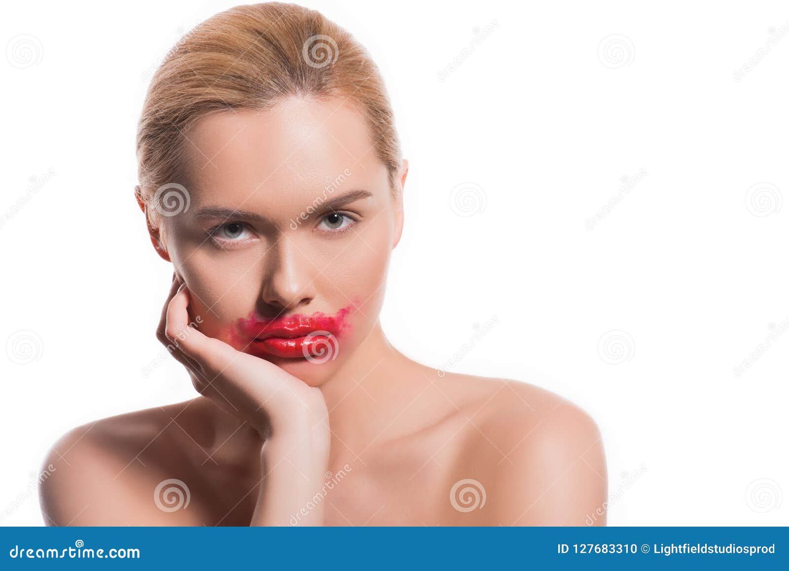 Beautiful Woman with Smeared Red Lipstick on Face Stock Photo - Image ... Beautiful Woman with Smeared Red Lipstick on Face Stock Photo - Image ...
