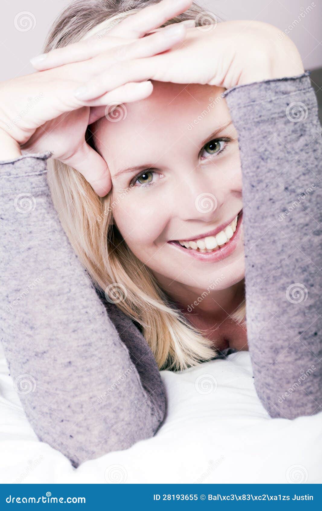 Beautiful Woman Smiling on the Bed. Stock Image - Image of face, people ...