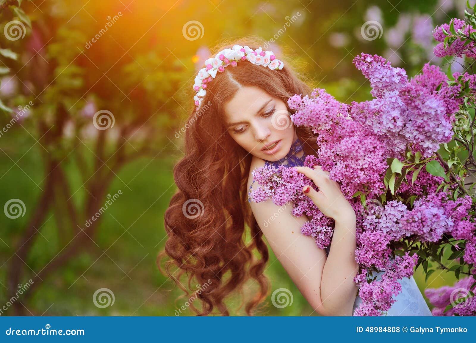 Beautiful Woman in the Spring Park and the Setting Sun Stock Photo ...