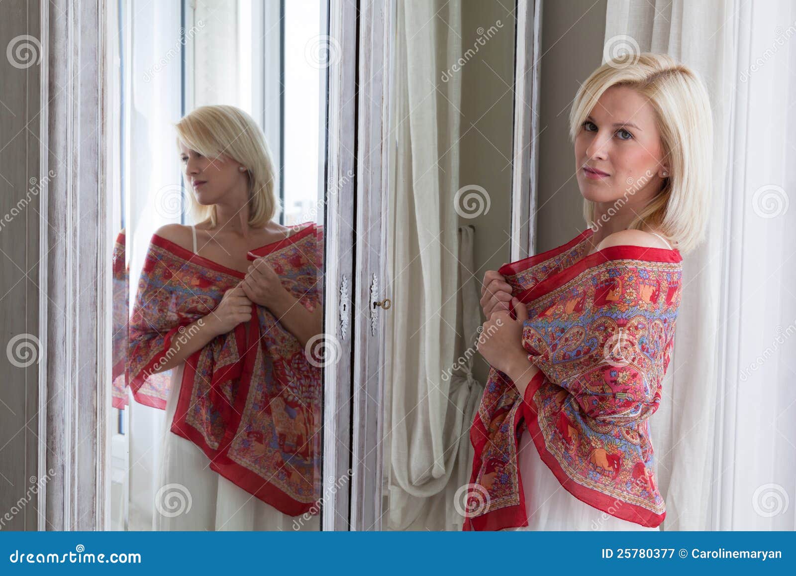 Beautiful Woman Standing In Front Of Mirror Stock Image Image Of