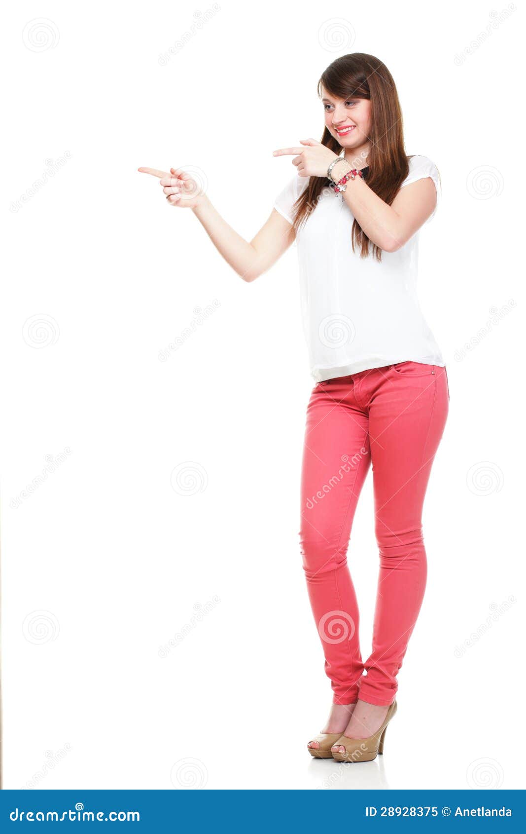 Beautiful Woman Standing and Pointing Up Stock Image - Image of woman ...