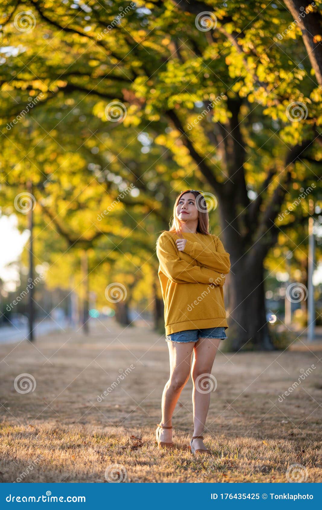 A Beautiful Woman Standing Under the Tree in Autumn Stock Image - Image ...