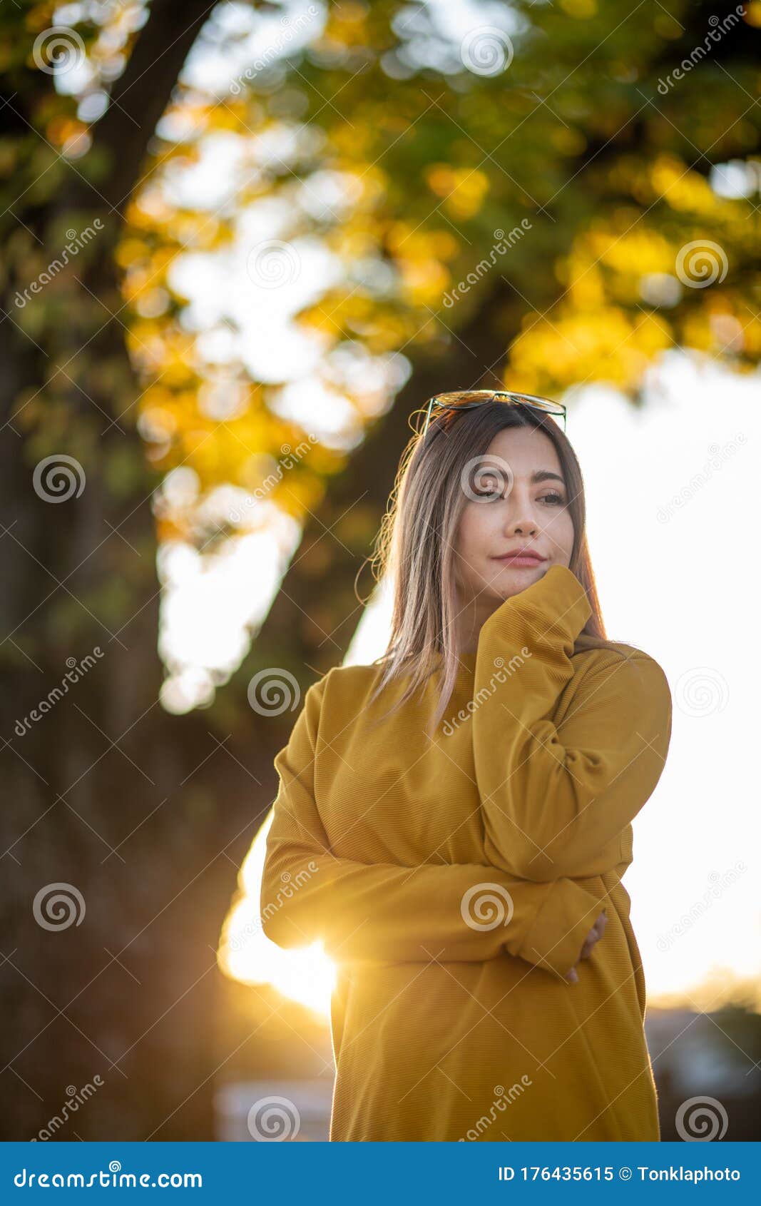 A Beautiful Woman Standing Under the Tree in Autumn Stock Image - Image ...