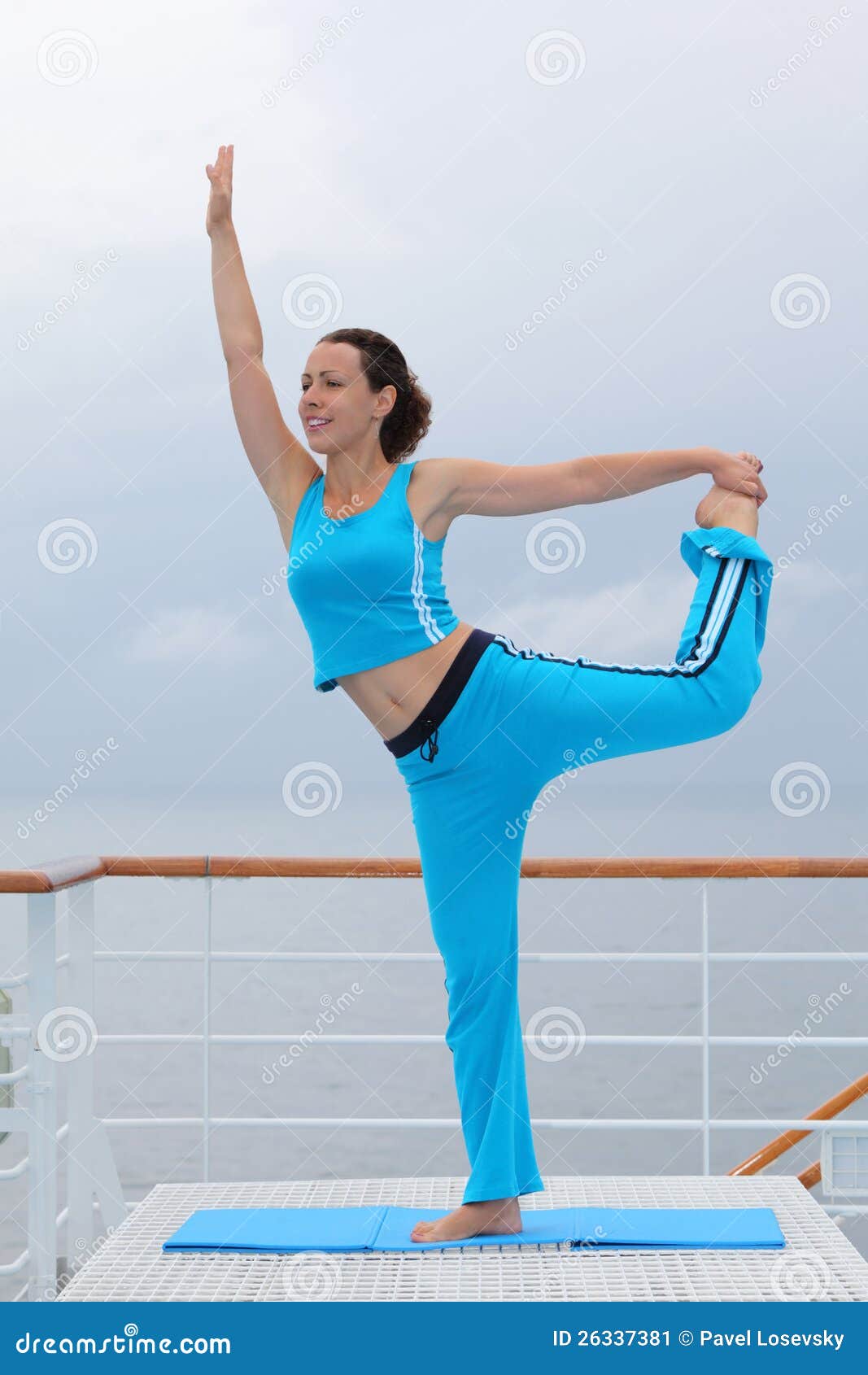 Beautiful Woman Stands and Does Exercise Stock Image - Image of blue ...