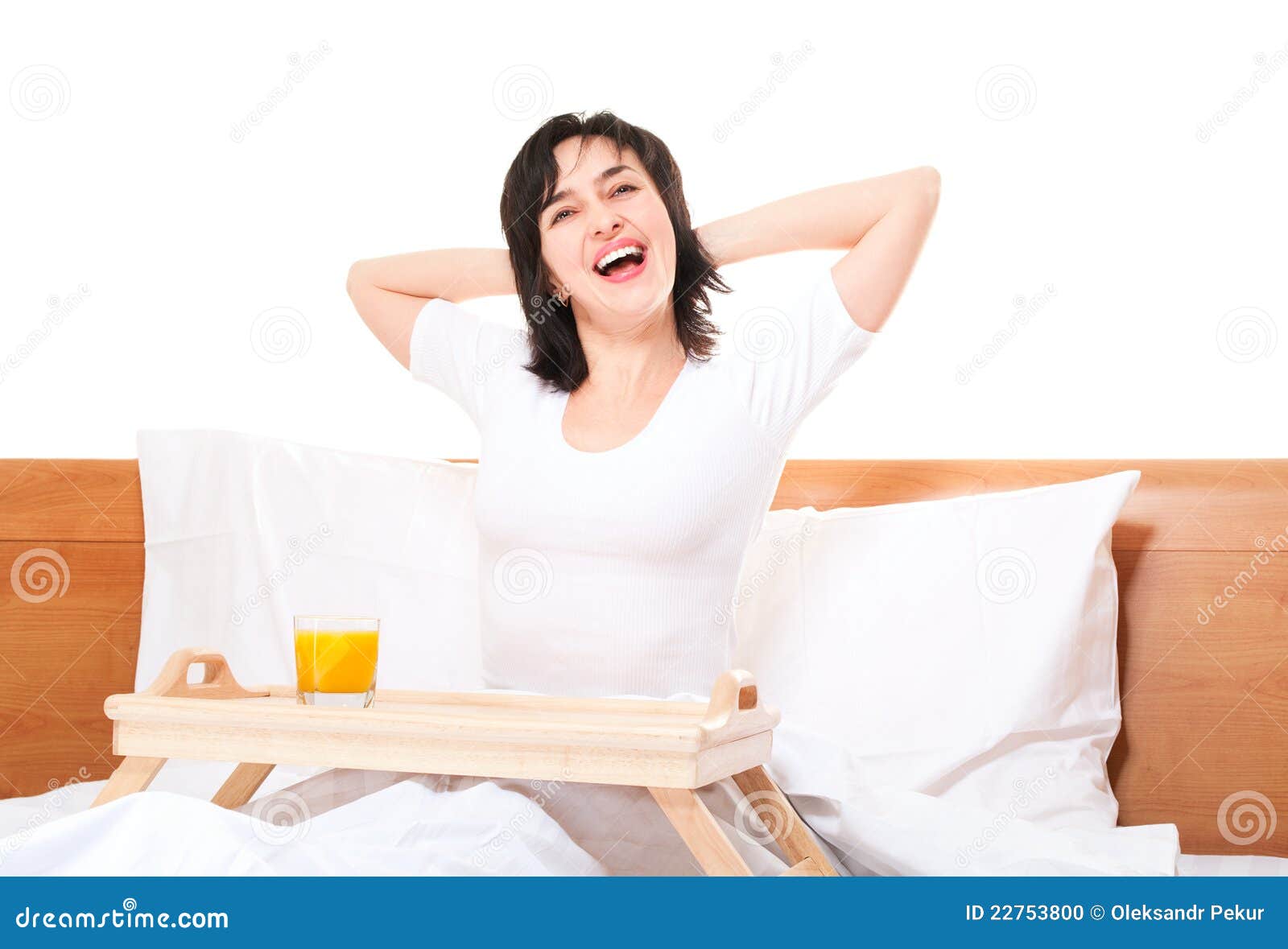 Beautiful Woman Stretching in Bed Stock Photo - Image of brunette ...