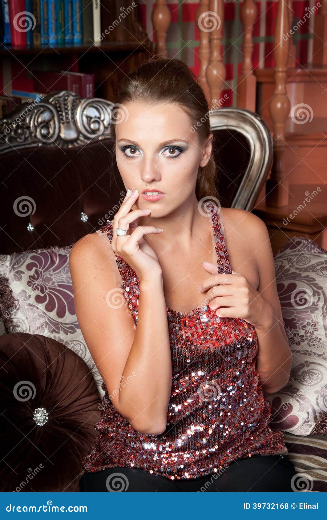 Beautiful Woman in Studio, Luxury Style. Red Bright Top Stock Photo ...